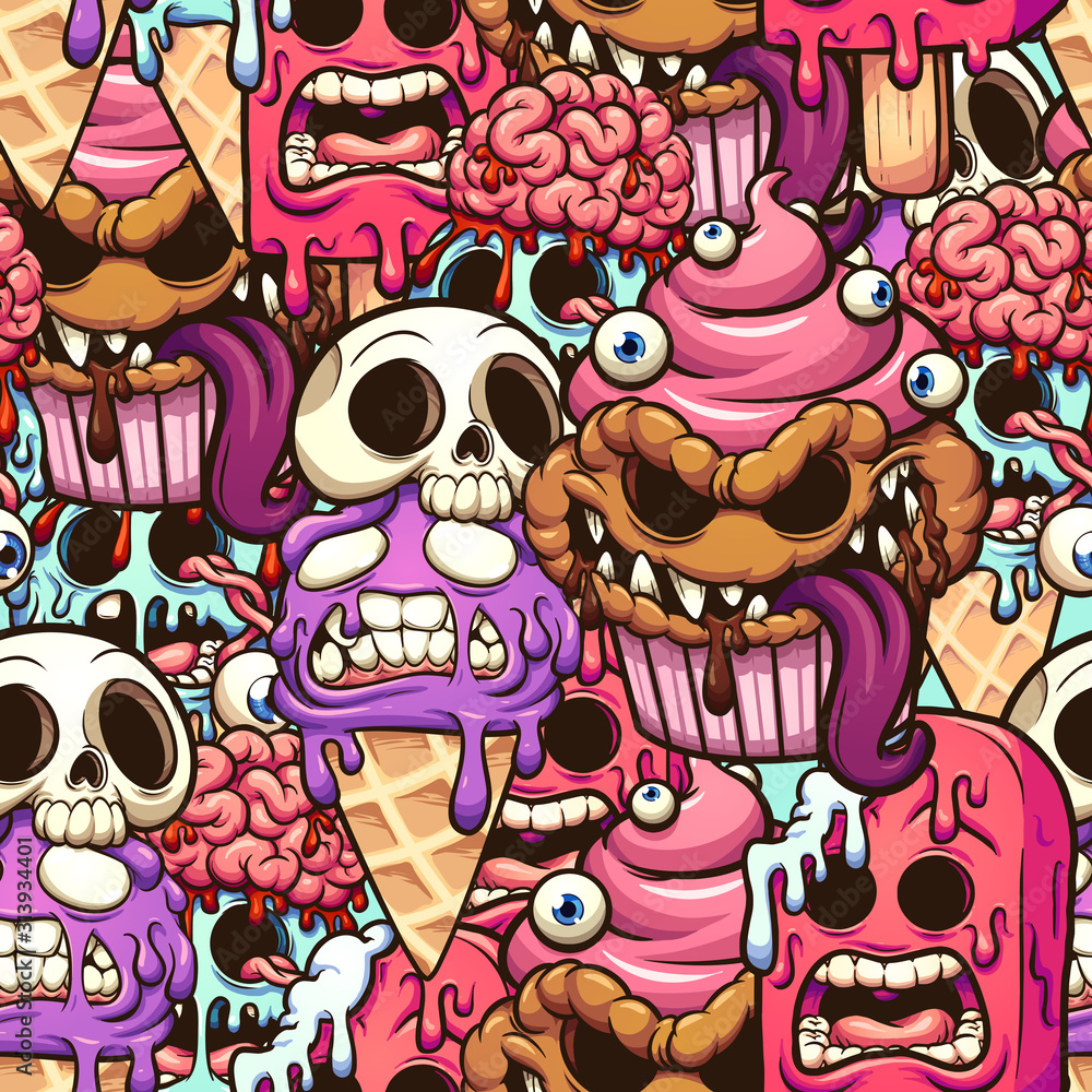 Monster desserts seamless pattern cartoon. Vector clip art illustration ...