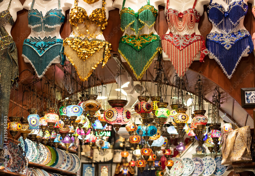 A shop in the Grand Bazaar. Lambs belonging to the patterns of colorful ...