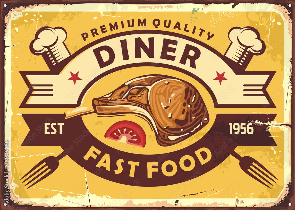 Retro diner sign with lamb steak, slice of tomato, chef hat and fork on ...