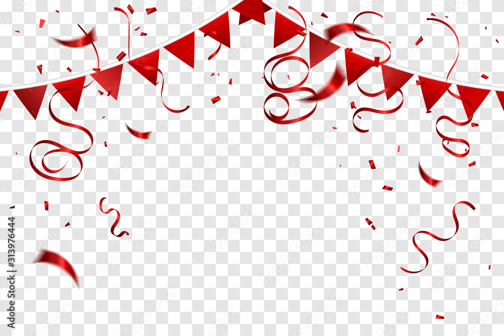 Party Flags With Many Falling Red Tiny Confetti Isolated On Transparent ...