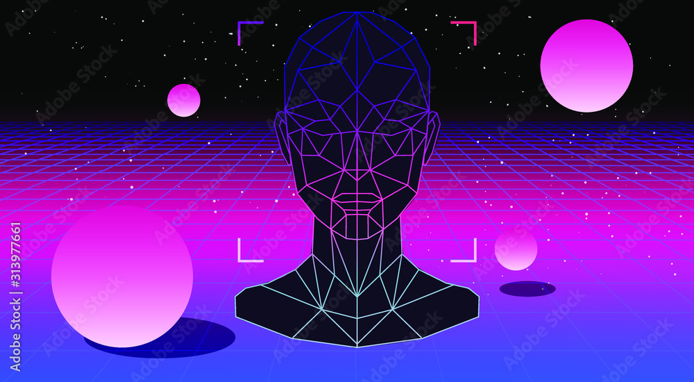 Retrowave/ vaporwave/ synthwave style illustration with 3d grid of ...