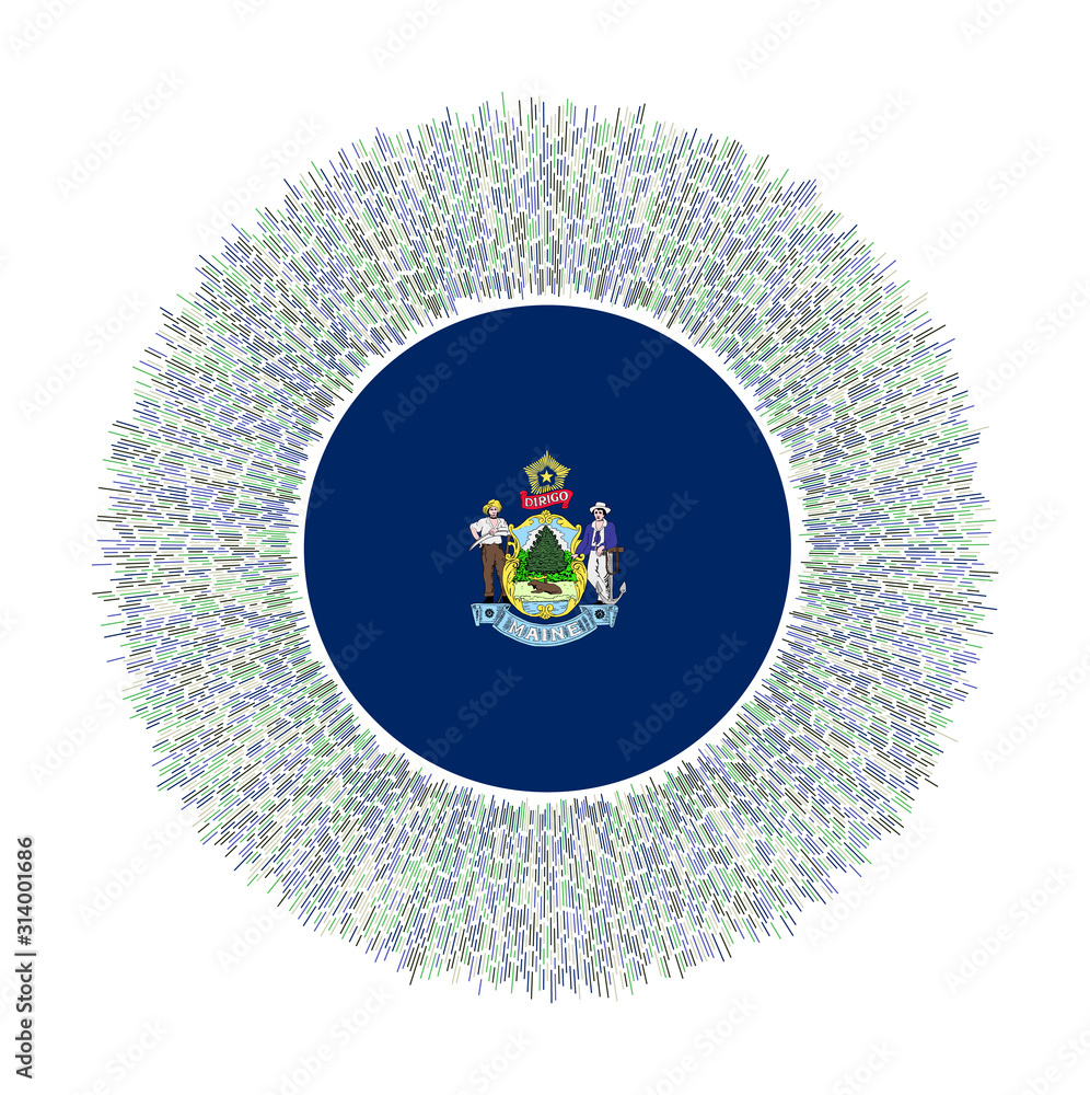 Flag of Maine with colorful rays. Radiant us state sign. Shiny sunburst ...