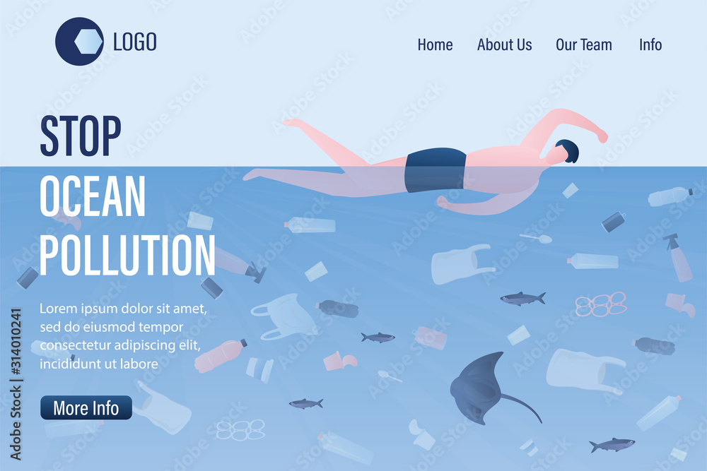 Stop ocean pollution landing page template. Plastic trash and various ...