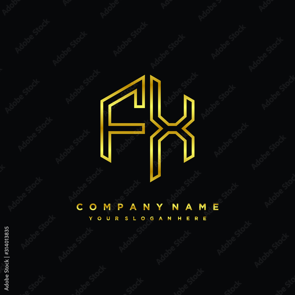Initial letter FX, minimalist line art monogram hexagon logo, gold ...