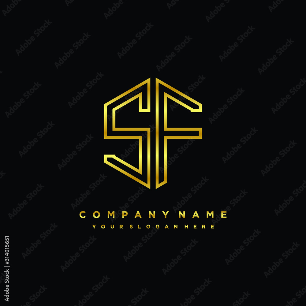 Initial letter SF, minimalist line art monogram hexagon logo, gold ...