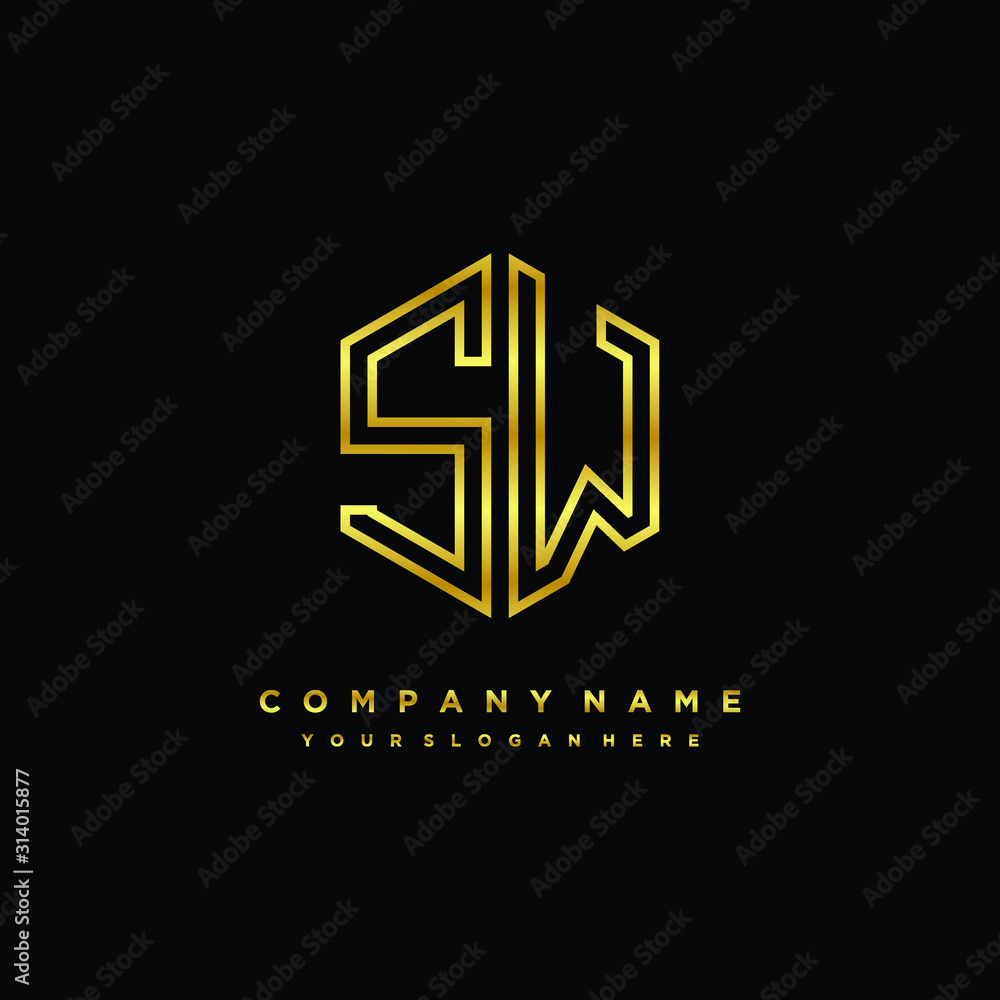Initial letter SW, minimalist line art monogram hexagon logo, gold ...