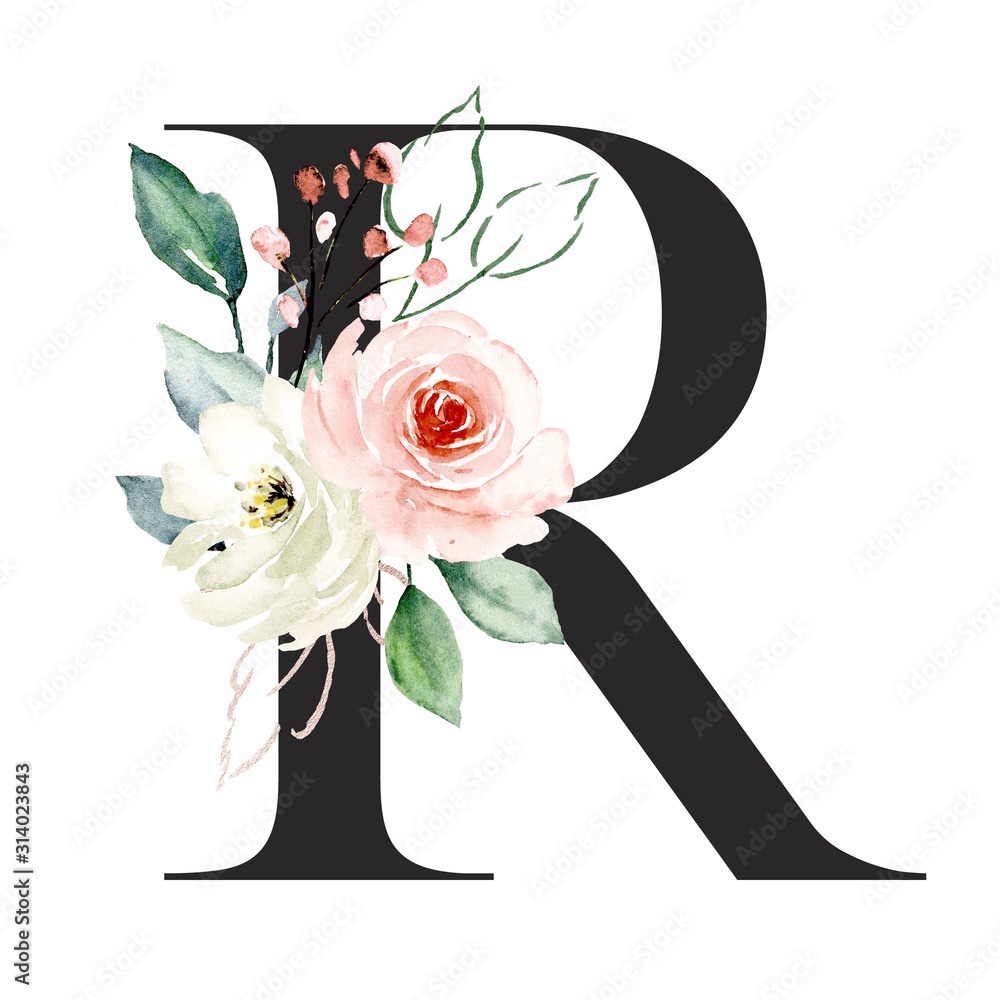 Letter r, alphabet with watercolor flowers roses and leaf. Floral ...