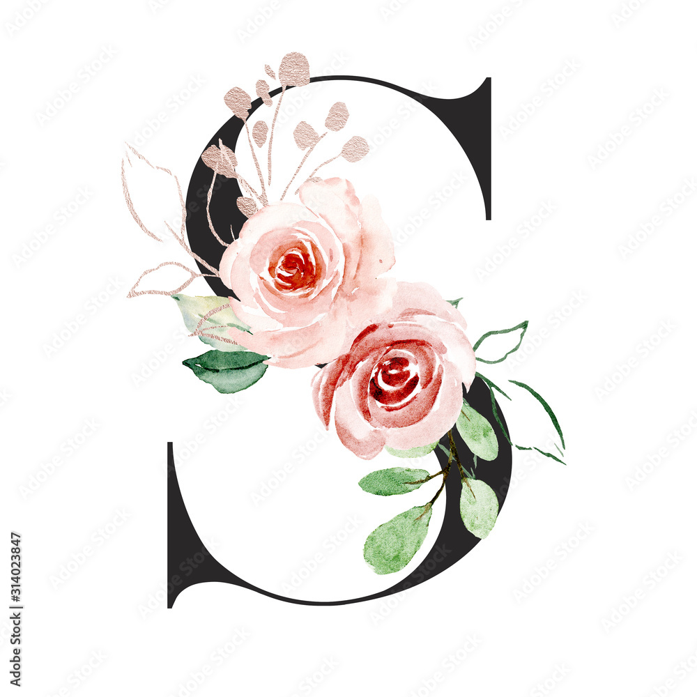 Letter s, alphabet with watercolor flowers roses and leaf. Floral ...