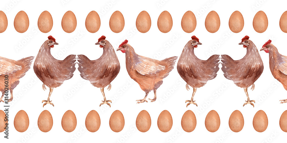 Watercolor borders with poultry, chickens, roosters and eggs Stock ...