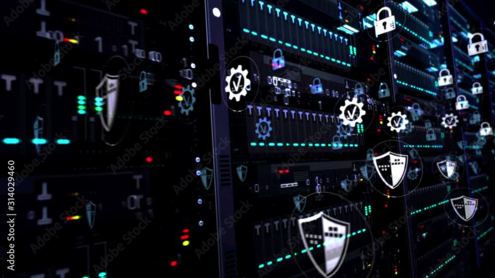 Video Stock Modern servers room with symbols of cyber security, digital ...