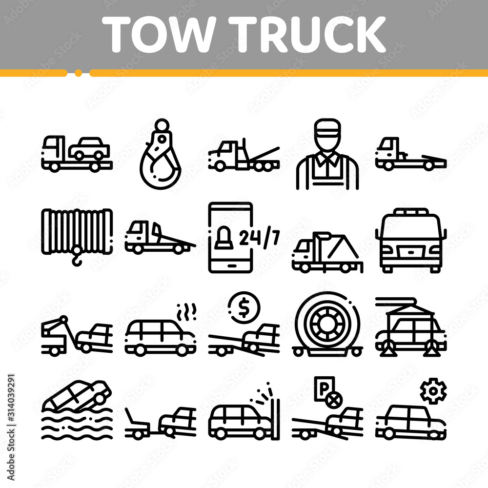 Tow Truck Transport Collection Icons Set Vector Thin Line. Tow Truck ...