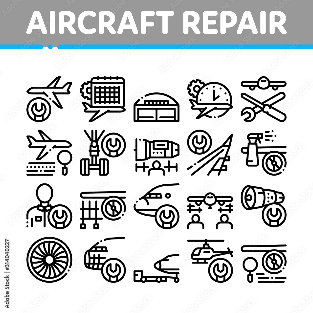 Aircraft Repair Tool Collection Icons Set Vector Thin Line. Aircraft ...