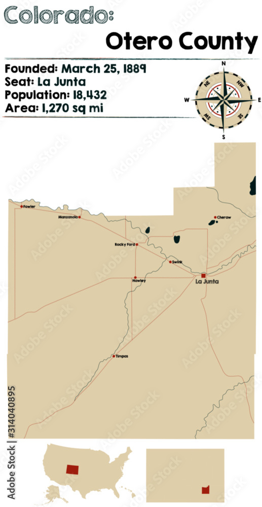 Large and detailed map of Otero county in Colorado, USA. Stock Vector ...