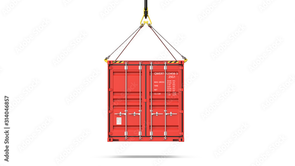 Front view of a red cargo container hanging on a crane hook for ...