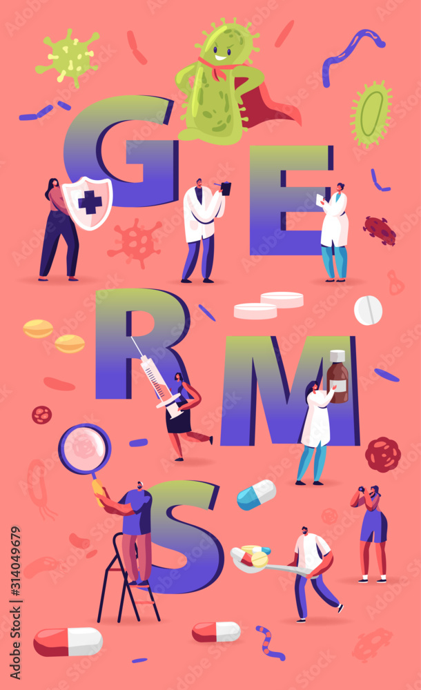 Germs and Viruses Concept. People Protecting from Huge Green Microbe ...