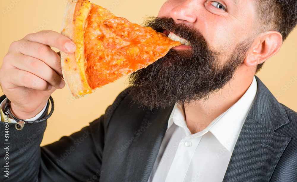 Closeup portrait of pizza slice. Lunch or dinner. Bearded man eating ...