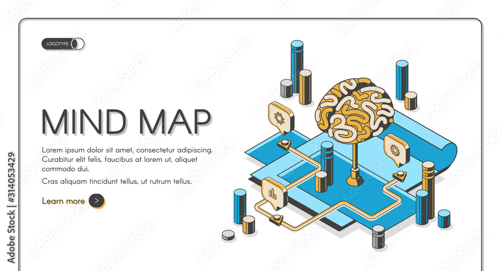Vetor de Mind map isometric landing page, human brain and graphical way ...