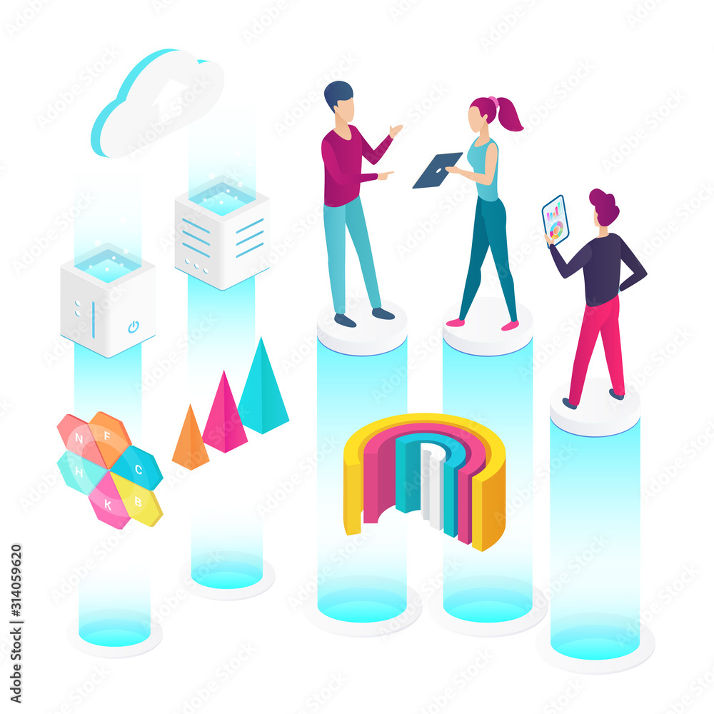 Data analysis isometric isometric vector illustration. Teamwork and ...
