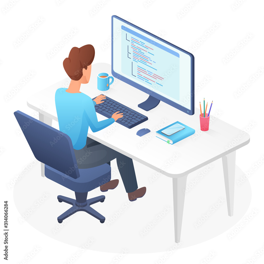 Programming isometric man vector illustration. Male coder sitting ... Programming isometric man vector illustration. Male coder sitting ...
