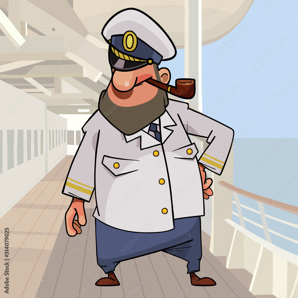 cartoon ship captain with a pipe in his mouth on the deck of the ship ...