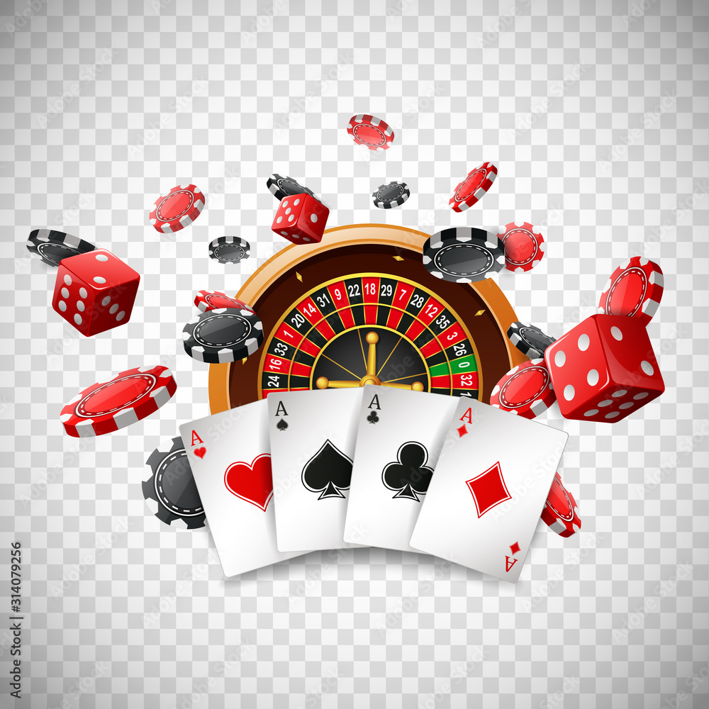 Casino roulette wheel with chips poker, playing cards and red dice on ...