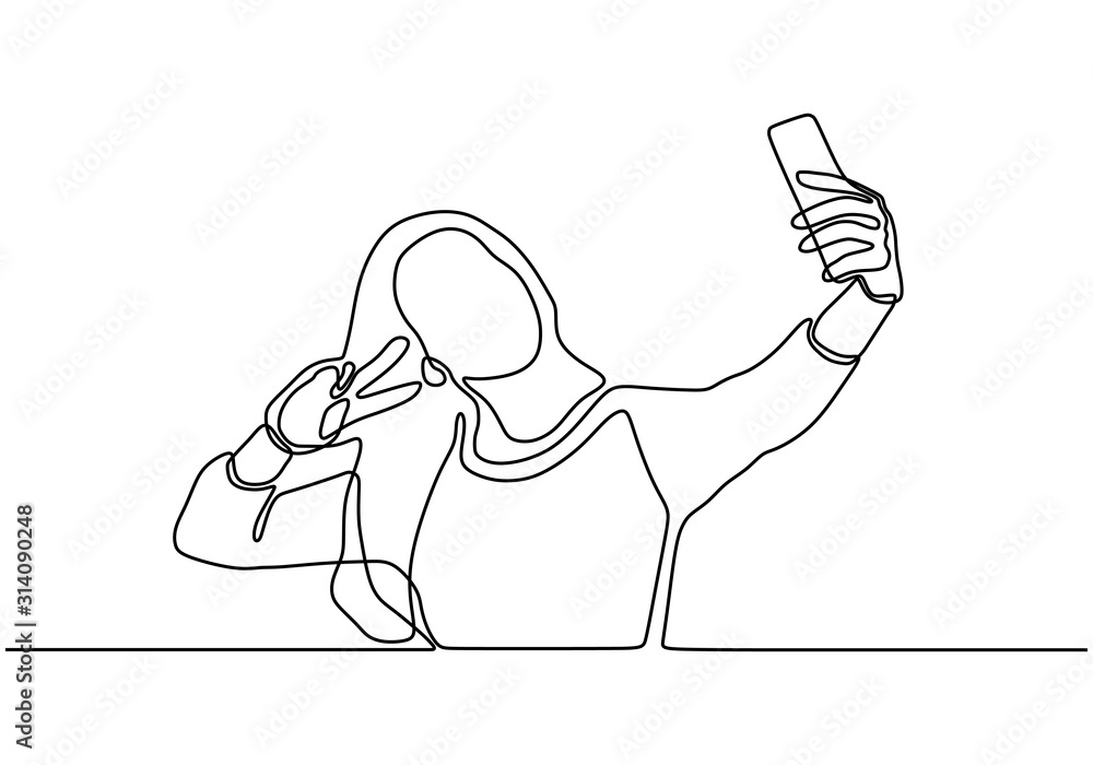 Girl take selfie continuous one line drawing. Vector minimalism hand ...
