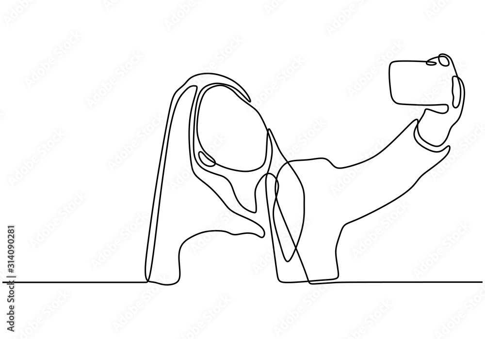 Girl take selfie continuous one line drawing. Vector minimalism hand ...