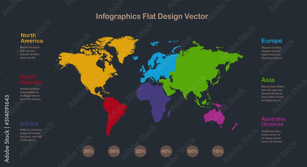 Infographics World maps with individual continents and labels with ...