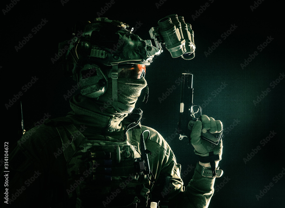 Side view portrait of army soldier, modern combatant, special forces ...