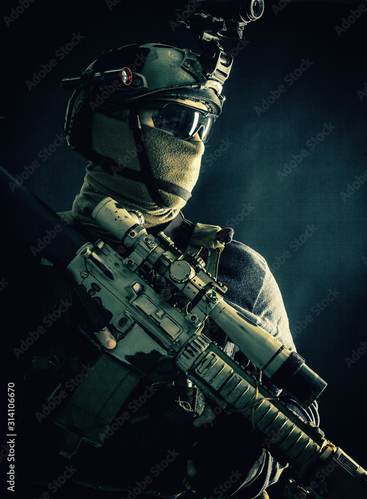 Shoulder portrait of army elite troops sniper, anti-terrorist tactical ...