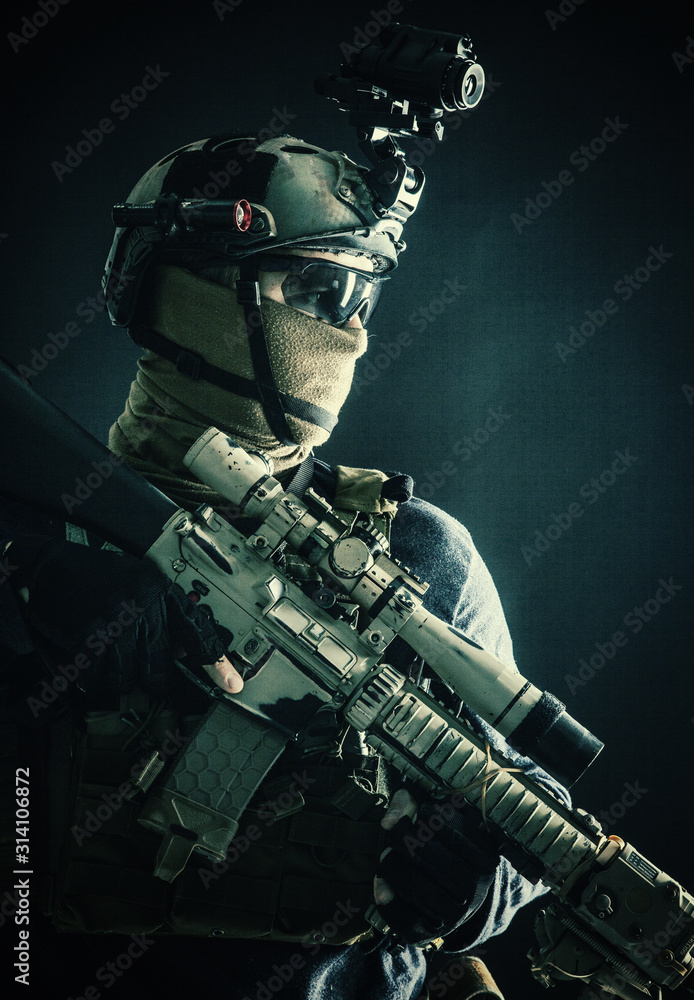 Shoulder portrait of army elite troops sniper, anti-terrorist tactical ...