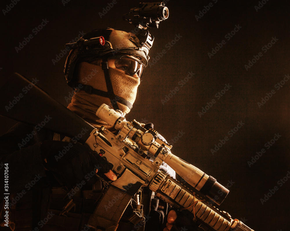 Shoulder portrait of army elite troops sniper, anti-terrorist tactical ...