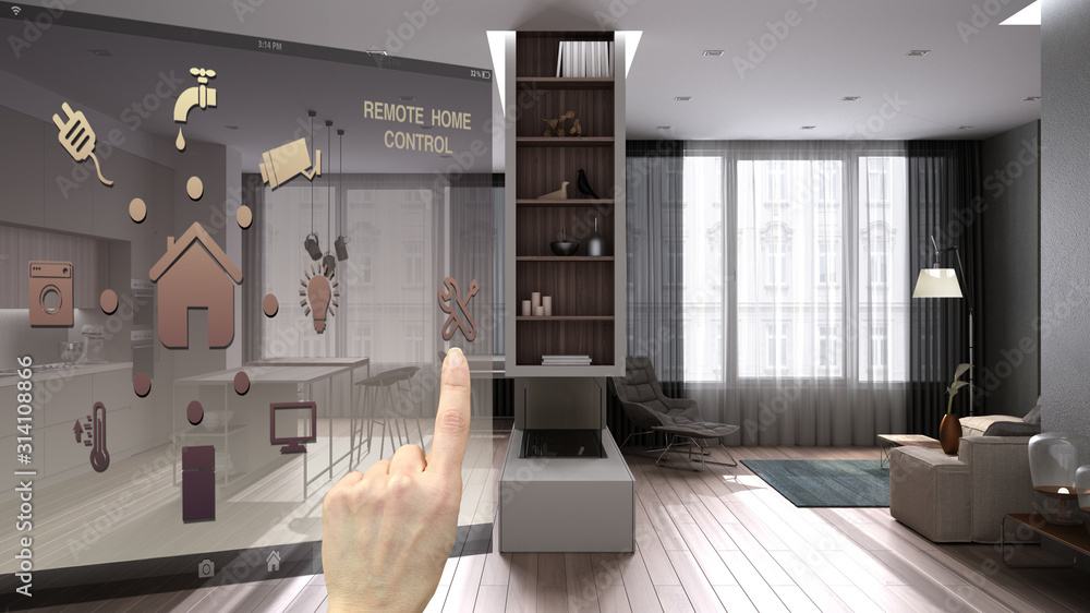 Smart home control concept, hand controlling digital interface from ...