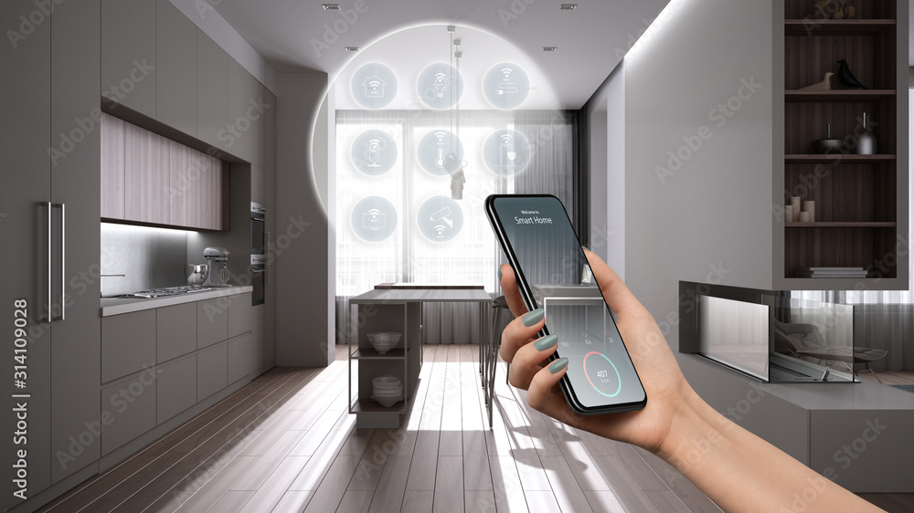 Smart home technology interface on phone app, augmented reality ...
