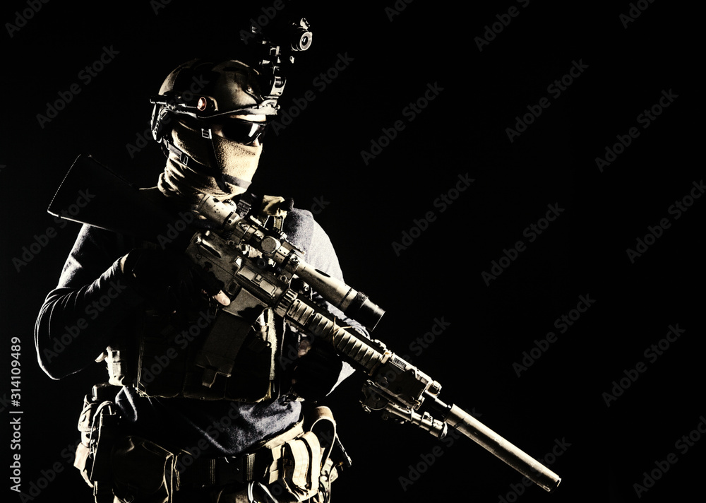 Army elite troops marksman, special operations forces sniper wearing ...