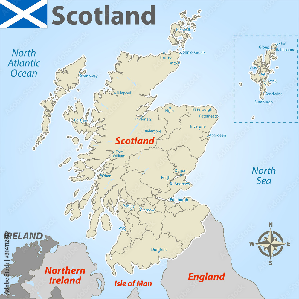 Map of Scotland with Districts Stock Vector | Adobe Stock