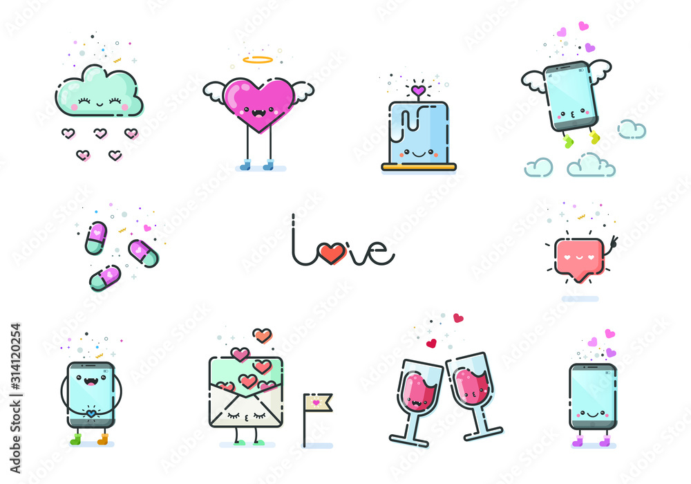 Vector set of love message icons, cute cartoon characters with smile ...