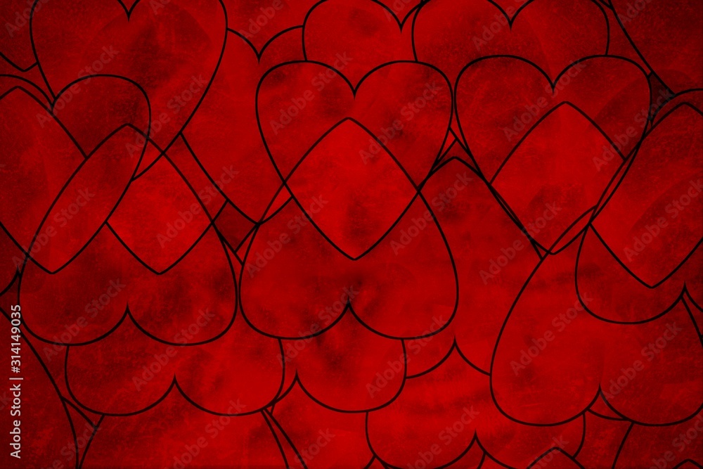 Red grunge shaped hearts with black strokes intersecting or uniting ...