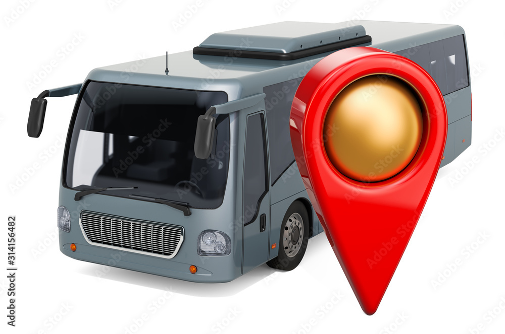 Bus station location concept. Map pointer with bus, 3D rendering Stock ...