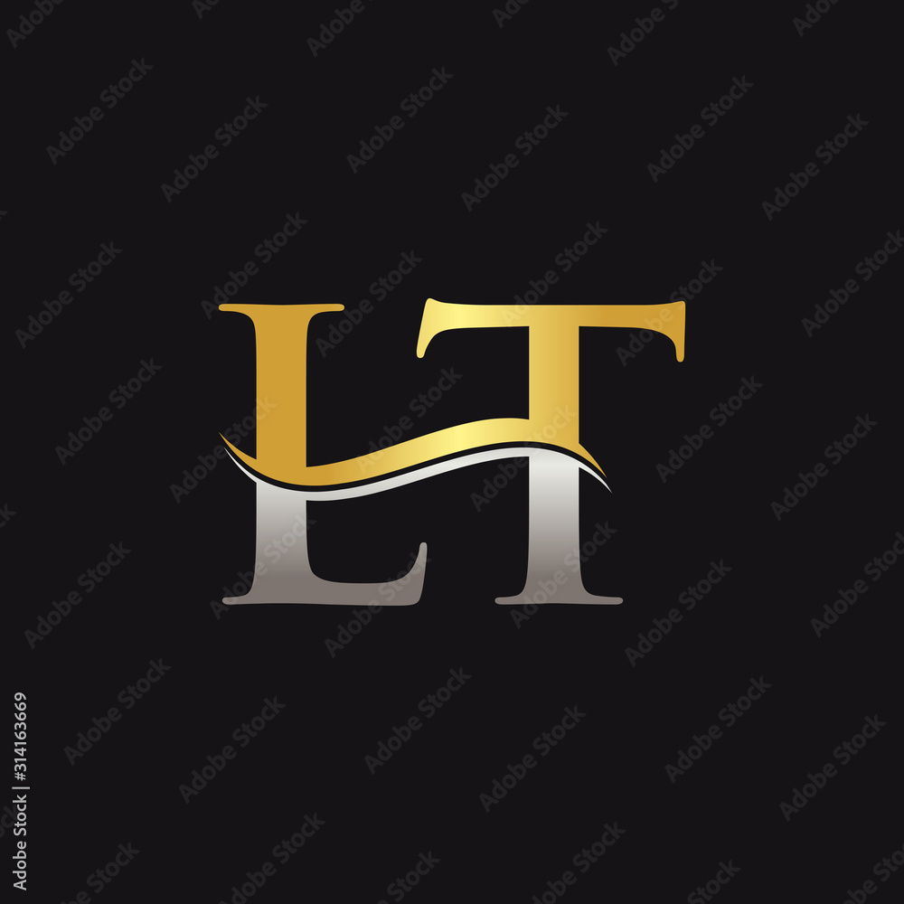 Initial Gold And Silver letter LT Logo Design with black Background ...