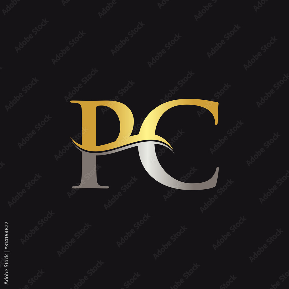 Gold And Silver letter PC Logo Design with black Background. PC Letter ...