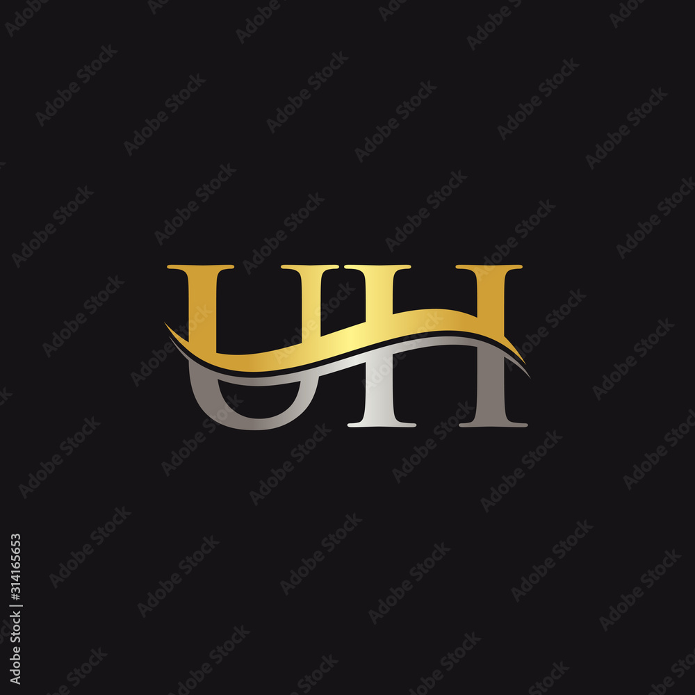 Gold And Silver letter UH Logo Design with black Background. UH Letter Logo Design Stock Vector ...
