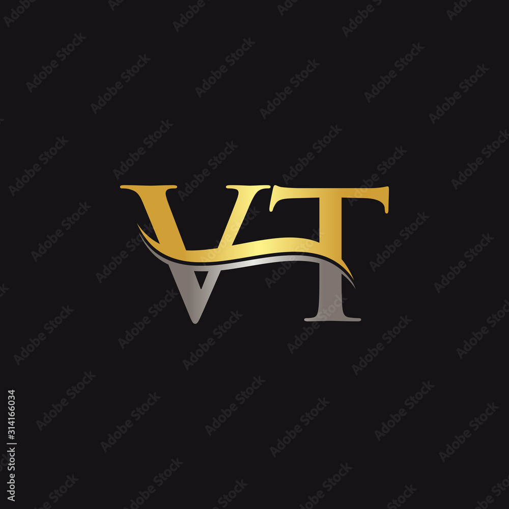 Initial Gold and Silver VT Letter Linked Logo with Black Background ...