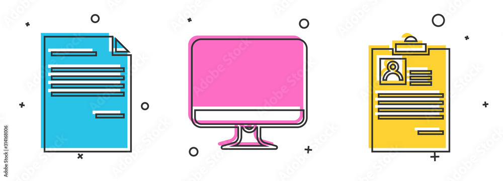 Set Document, Computer monitor screen and Clipboard with resume icon ...