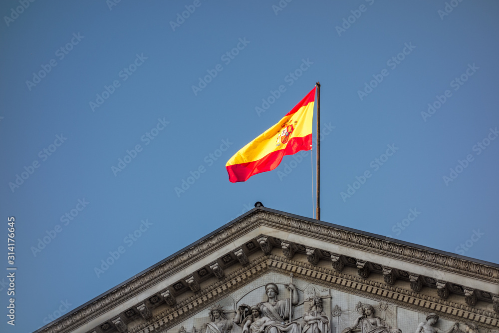 Gable of the facade of the congress building of the deputies of Spain ...