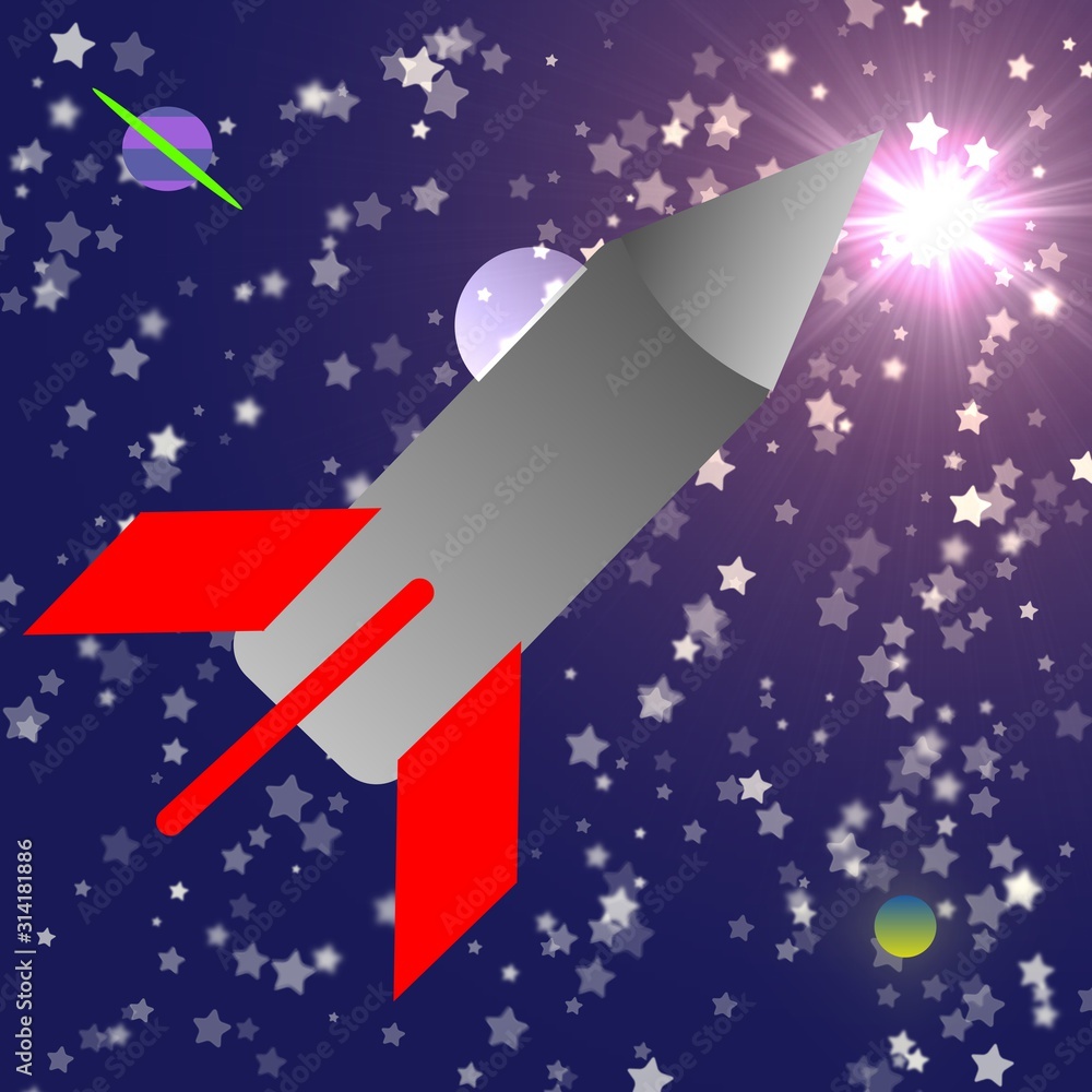 Simple design of rocket ship across a star filled sky with planets and ...