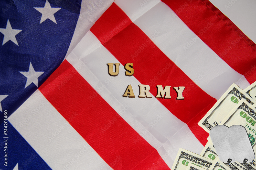The soldier military tokens on dollar bills on the USA flag background ...