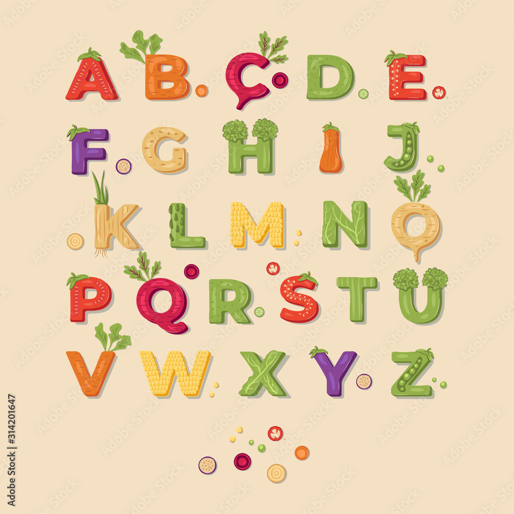 Vegetable lettering alphabet design on a light background. Vector ...