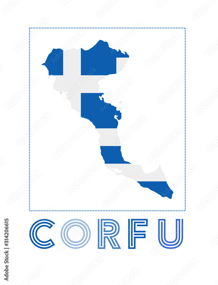 Corfu Logo. Map of Corfu with island name and flag. Stylish vector ...