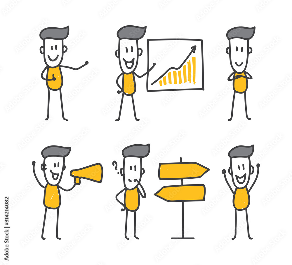 Hand drawn doodle infographics. Influencer in various poses. Man with a ...